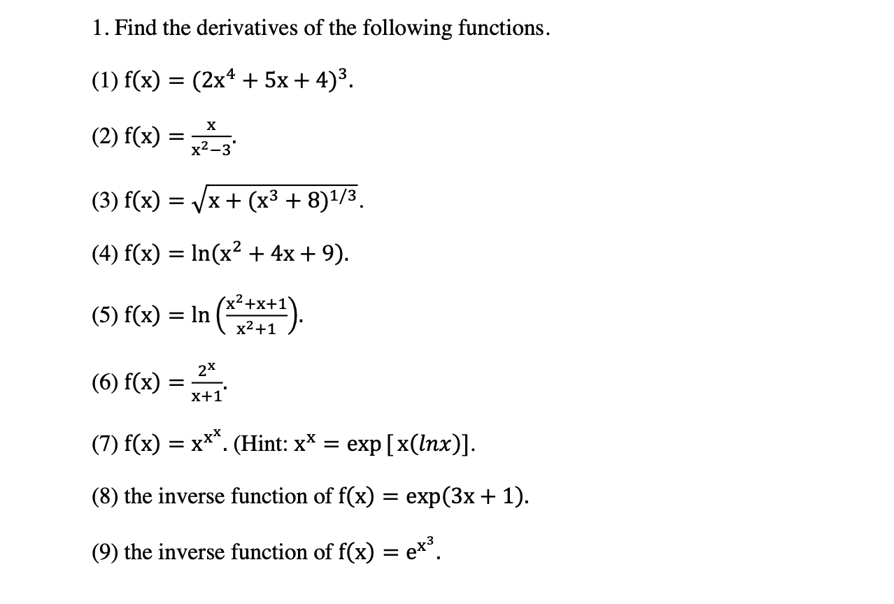 Solved 1. Find the derivatives of the following functions. | Chegg.com