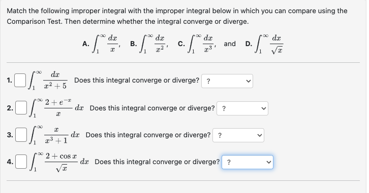 Solved Match the following improper integral with the | Chegg.com