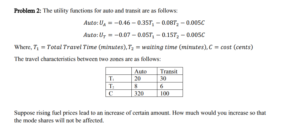 Solved Problem 2: The utility functions for auto and transit | Chegg.com