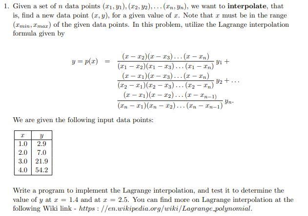 Solved 1. Given a set of n data points | Chegg.com