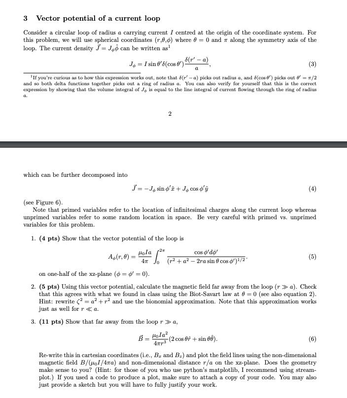 Solved 3 Vector potential of a current loop Consider a | Chegg.com