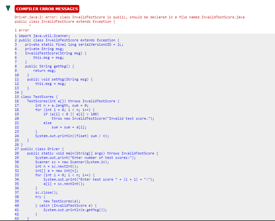 Solved Write An Exception Class Named Invalidtestscore