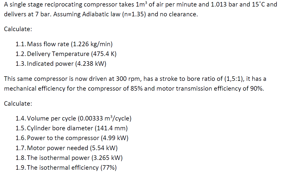 Solved A single stage reciprocating compressor takes 1m3 of | Chegg.com
