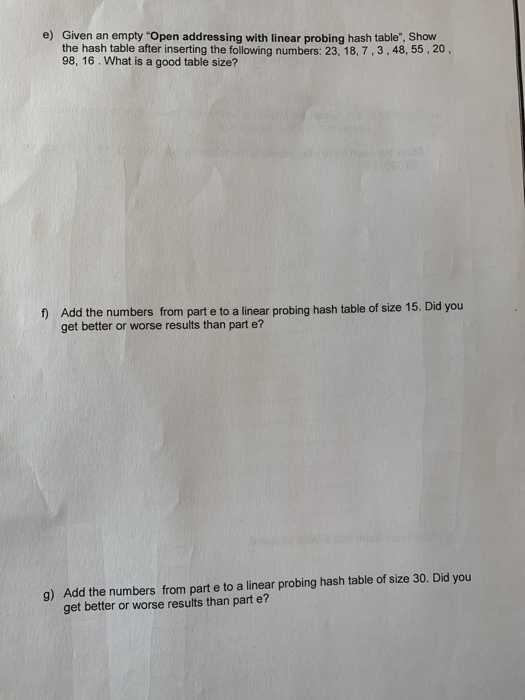 Solved e) Given an empty "Open addressing with linear | Chegg.com