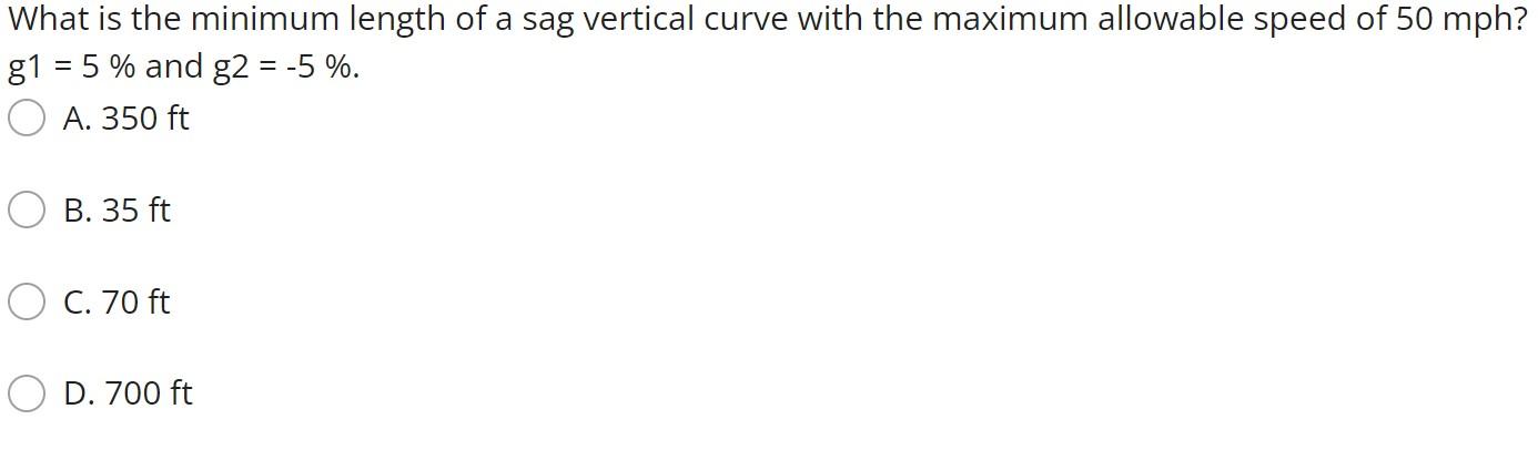 Solved What is the minimum length of a sag vertical curve | Chegg.com