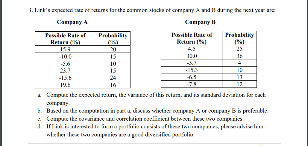 Solved Link's expected rate of returns for the common stocks | Chegg.com