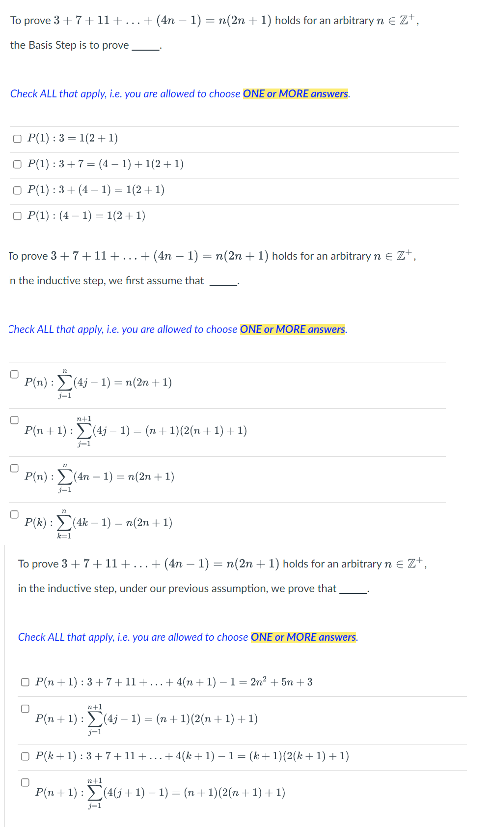 Solved To prove 3+7+ 11 + ... + (4n − 1) = n(2n + 1) holds | Chegg.com