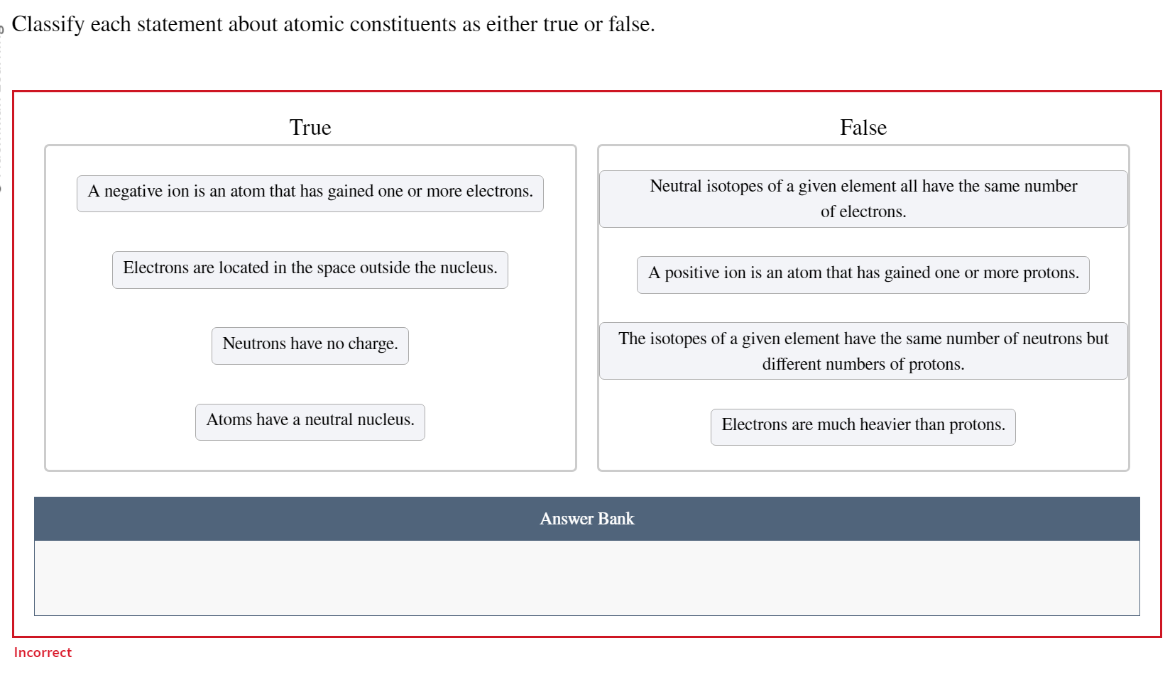 Solved Classify each statement about atomic constituents as | Chegg.com