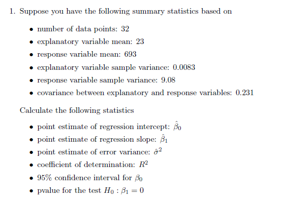 Solved 1. Suppose you have the following summary statistics | Chegg.com