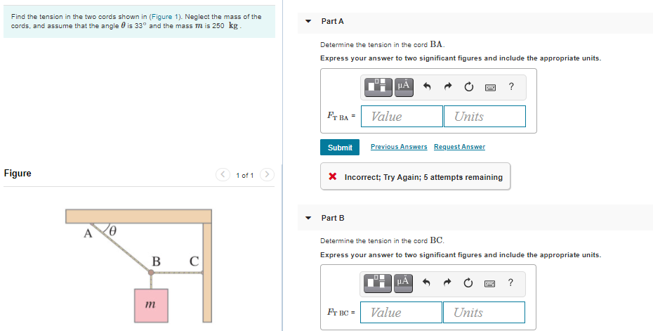 Solved Find the tension in the two cords shown in (Figure | Chegg.com
