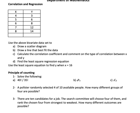 Solved Correlation and Regression Use the above bivariate | Chegg.com