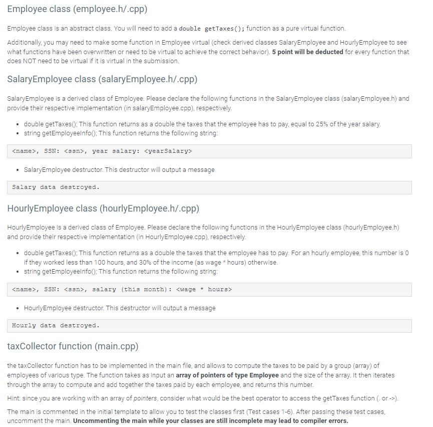 Solved Employee class (employee.h/.cpp) Employee class is an | Chegg.com