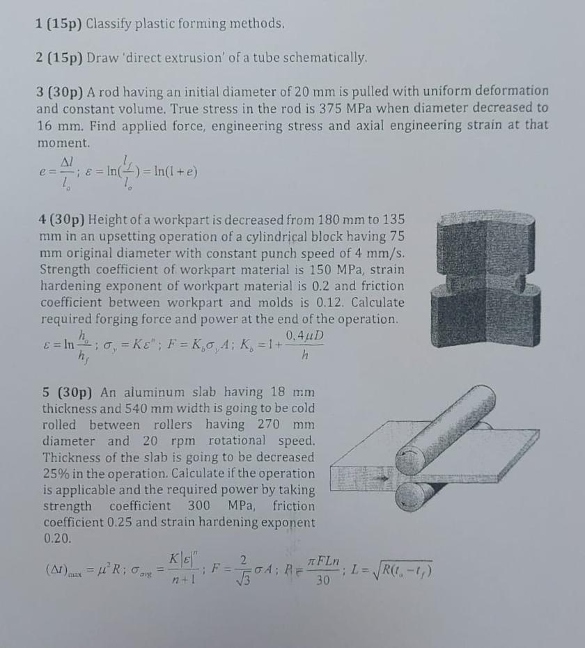 Solved 1(15p) Classify plastic forming methods. 2 (15p) Draw | Chegg.com