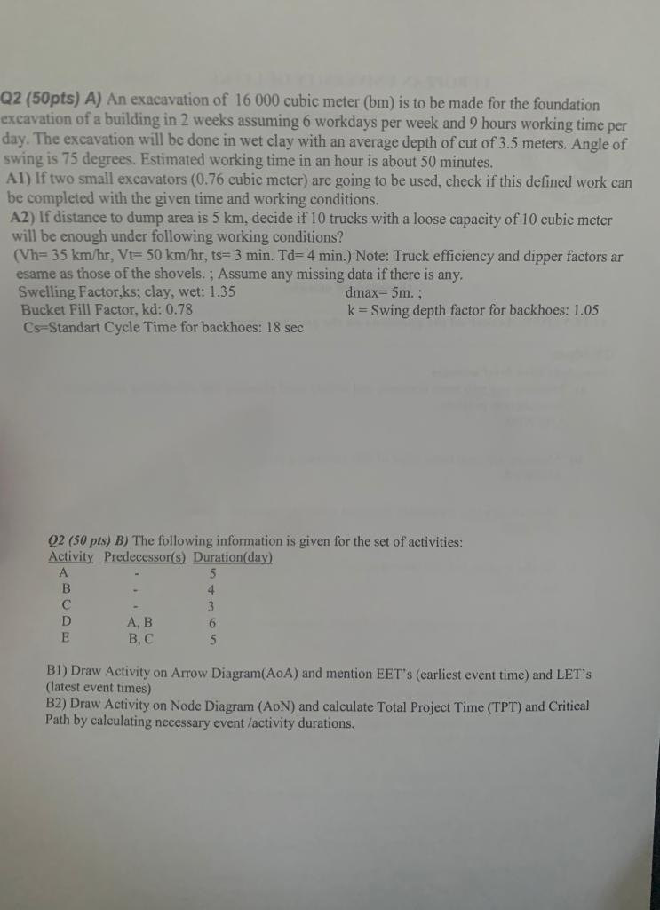 Solved Q2 (50pts) A) An exacavation of 16000 cubic meter | Chegg.com