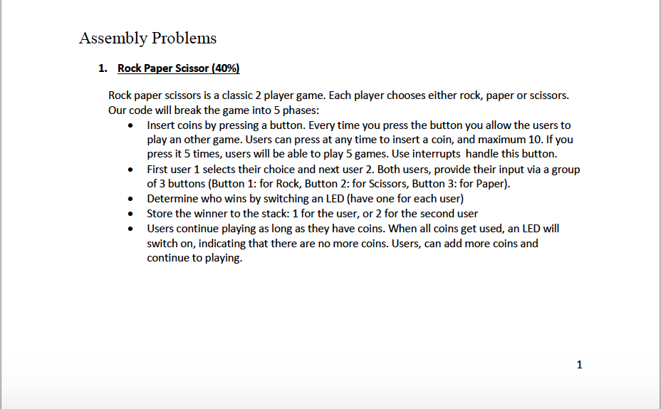 Assembly Problems 1. Rock Paper Scissor (40%) Rock | Chegg.com
