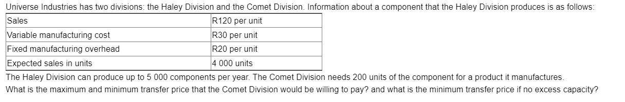 Solved Universe Industries has two divisions: the Haley | Chegg.com