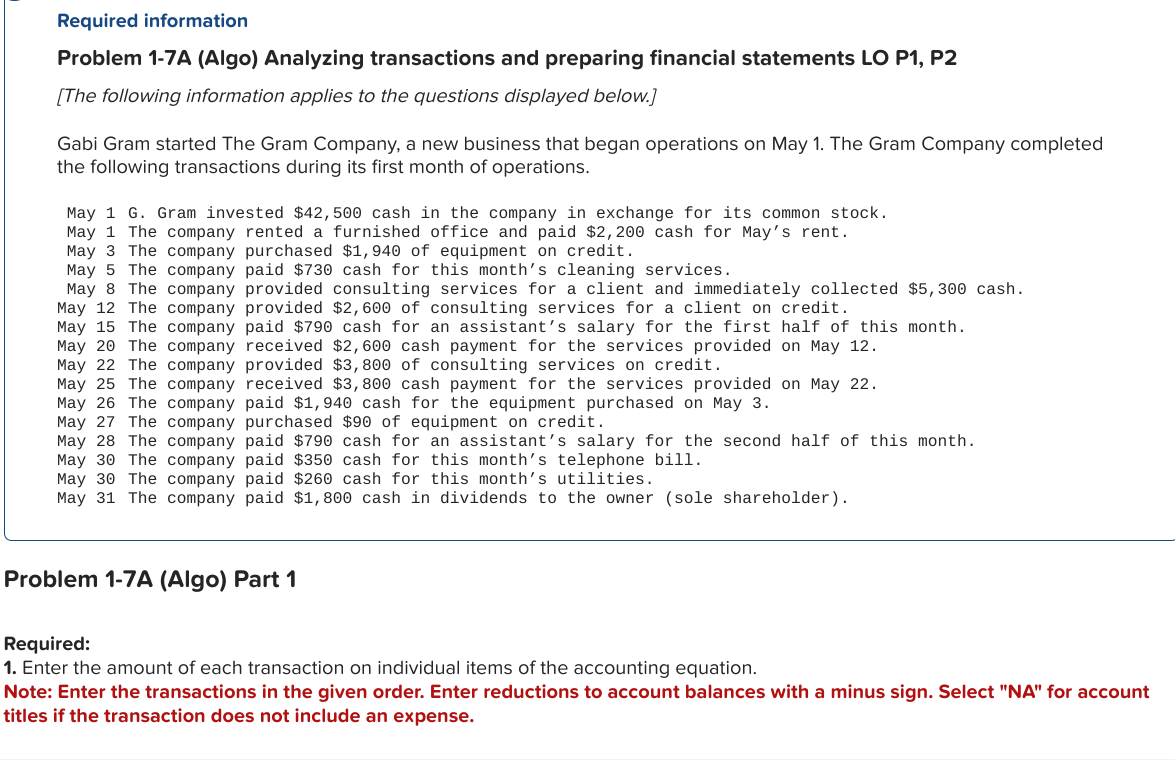 Solved Problem 1-7A (Algo) Analyzing transactions and | Chegg.com
