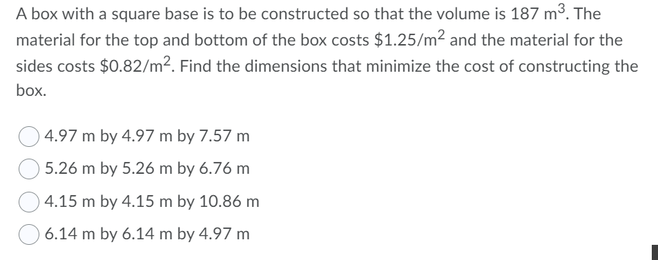Solved A box with a square base is to be constructed so that | Chegg.com
