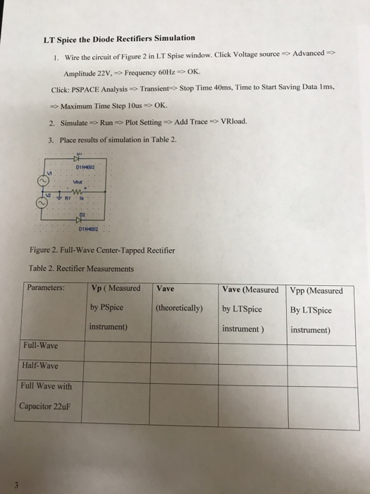Solved LT Spice the Diode Rectifiers Simulation 1. Wire the | Chegg.com