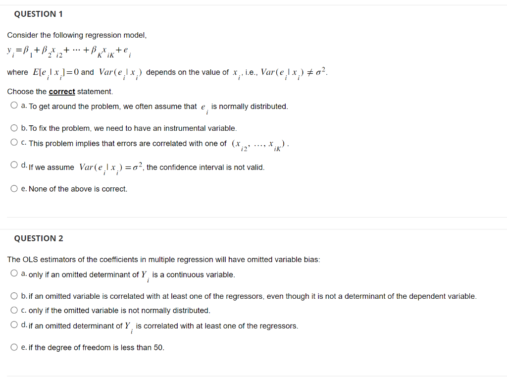 Solved Consider The Following Regression Model