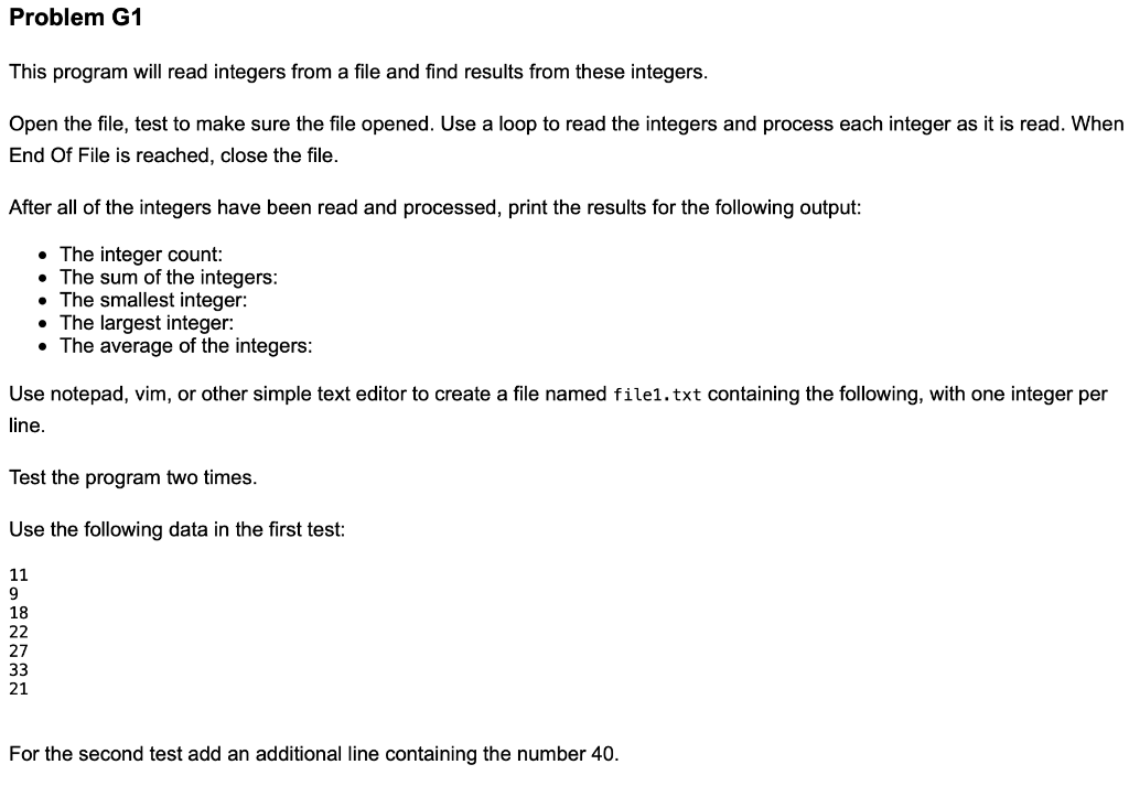 Solved Problem G1 This program will read integers from a | Chegg.com