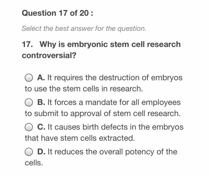 Solved Question 17 of 20: Select the best answer for the | Chegg.com