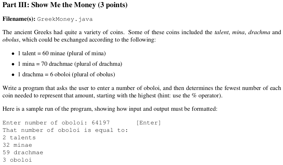 Solved Part III: Show Me the Money (3 points) Filename(s): | Chegg.com