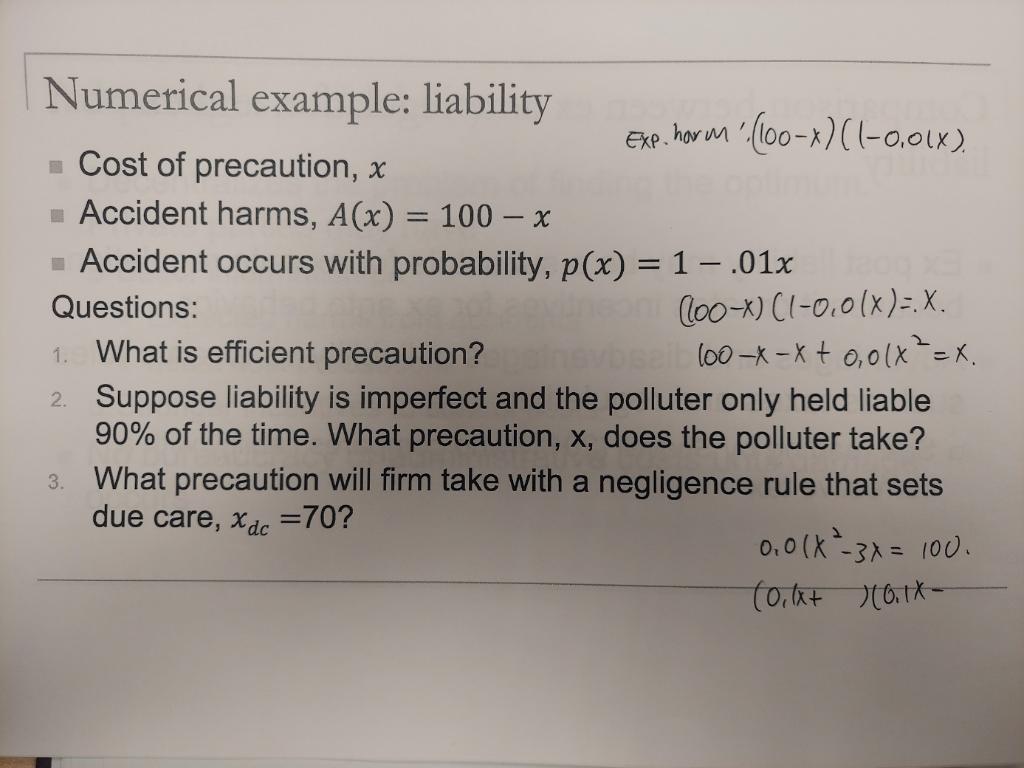 Solved Numerical example: liability Exp. harm : | Chegg.com