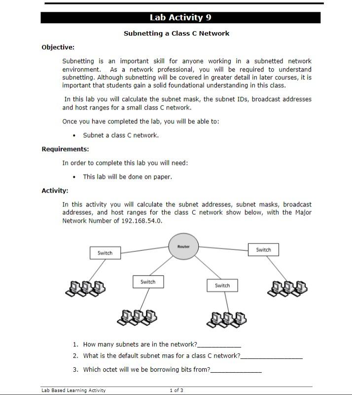 Solved Subnetting a Class C Network Objective: Subnetting is | Chegg.com