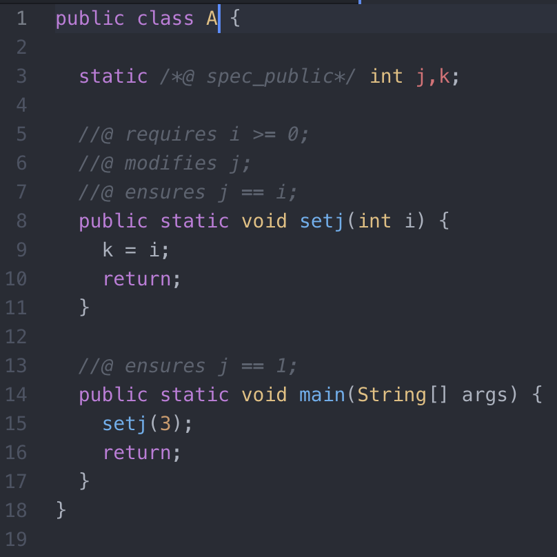 Solved 1 public class A 2 3 static/*@ spec_publick/ int j,k; | Chegg.com