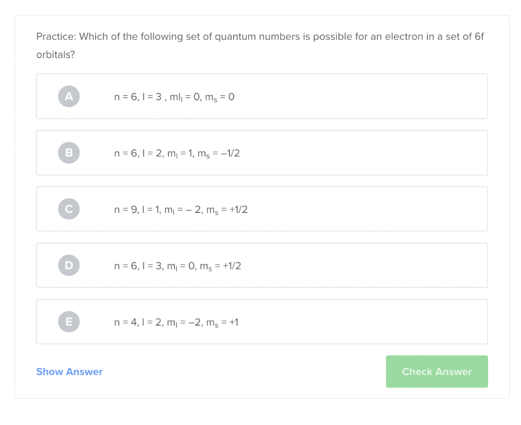 Solved Practice: Select the correct quantum numbers for the | Chegg.com