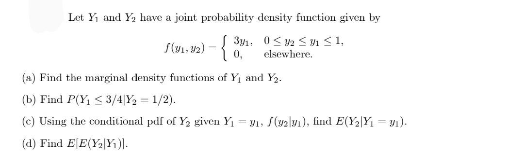 Let Y1 and Y2 have a joint probability density | Chegg.com