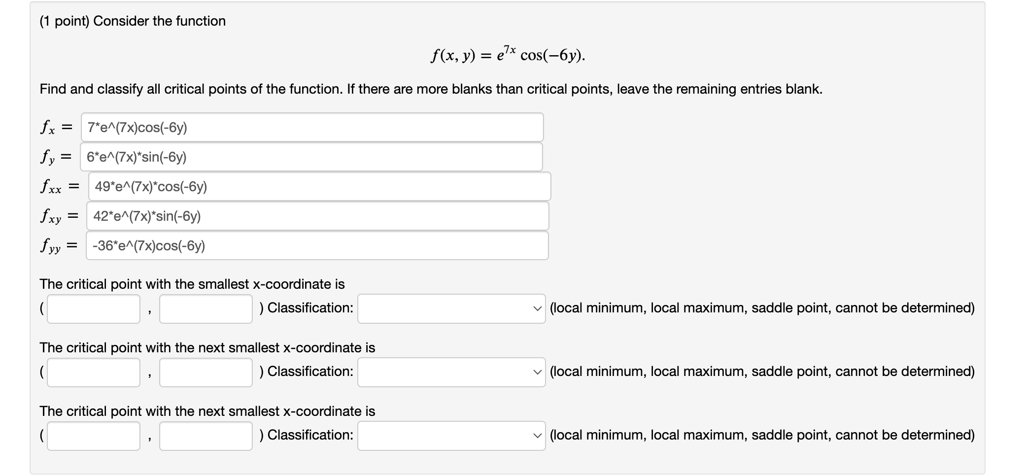 Solved (1 point) Consider the function f(x,y)=e7xcos(−6y) | Chegg.com