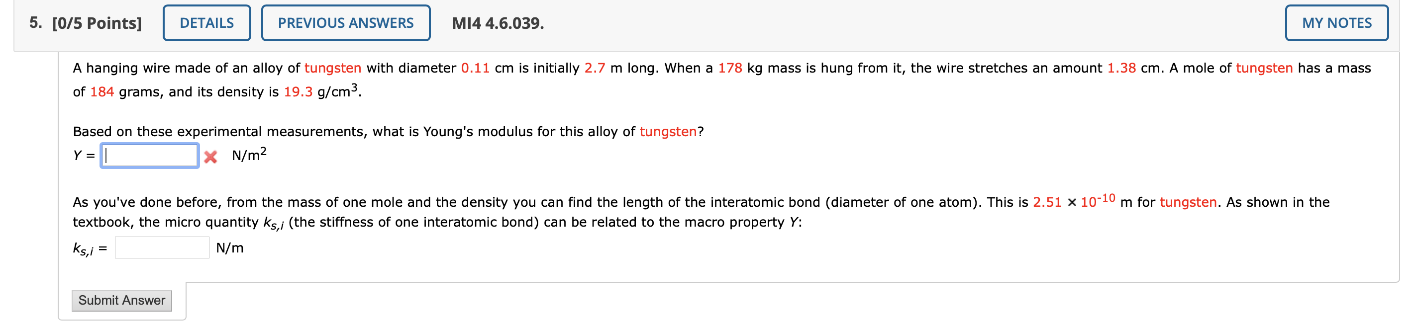 Solved 5. [0/5 Points] DETAILS PREVIOUS ANSWERS MI4 4.6.039. | Chegg.com