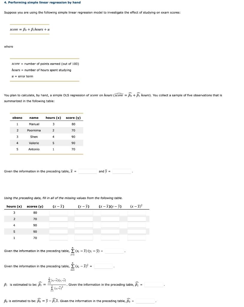 Solved 4. Performing simple linear regression by hand | Chegg.com