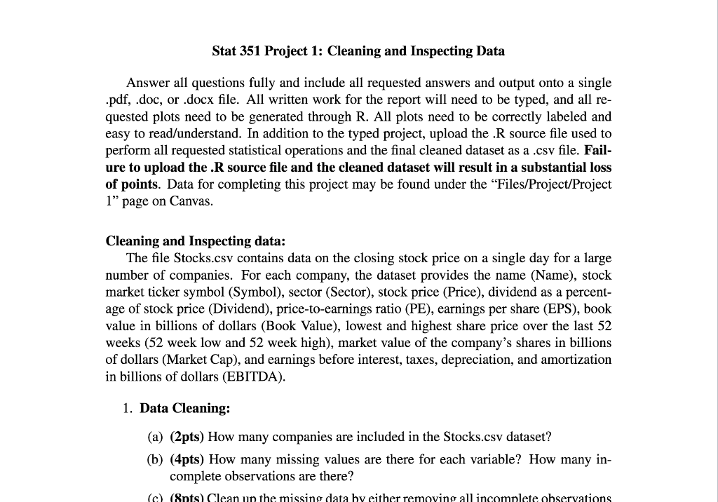Stat 351 Project 1: Cleaning and Inspecting Data | Chegg.com