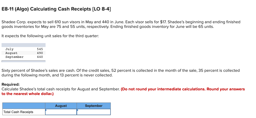 Solved E8-11 (Algo) Calculating Cash Receipts [LO 8-4) | Chegg.com