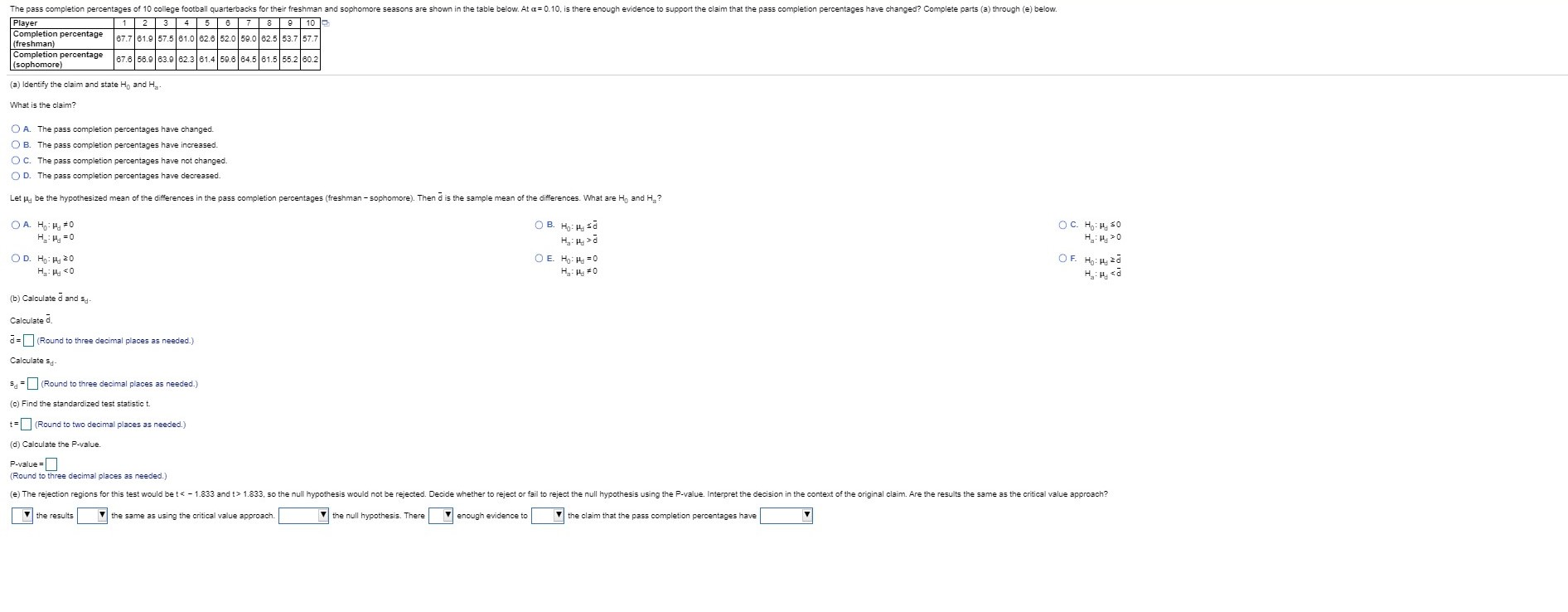 Solved The pass completion percentages of 10 college | Chegg.com