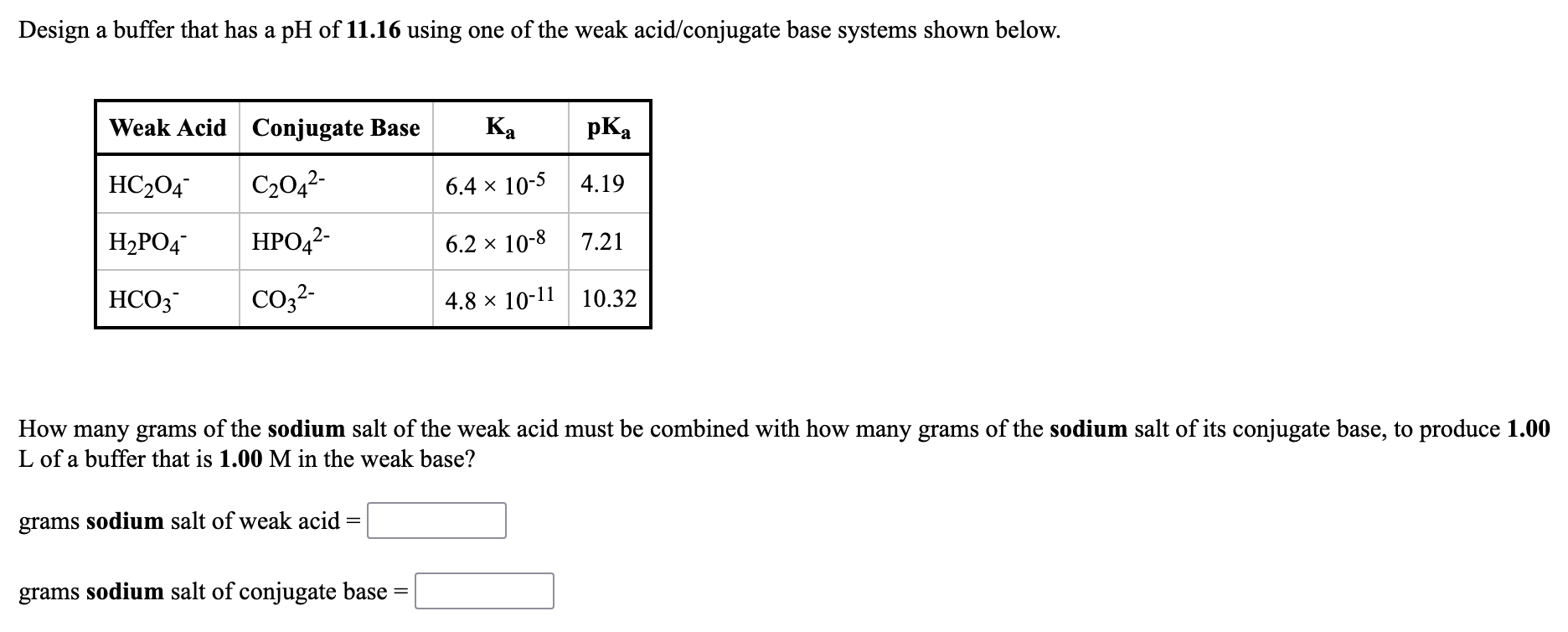 Solved Design a buffer that has a pH of 11.16 using one of | Chegg.com