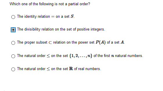 Solved Which one of the following is not a partial order? | Chegg.com