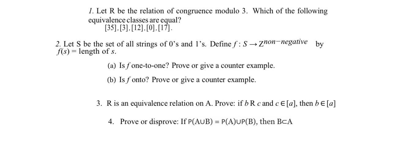Solved 1. Let R be the relation of congruence modulo 3. | Chegg.com