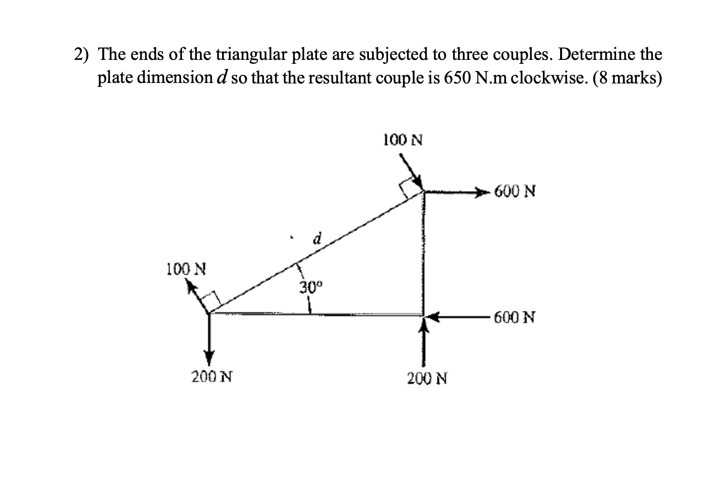 Solved 2) The ends of the triangular plate are subjected to | Chegg.com