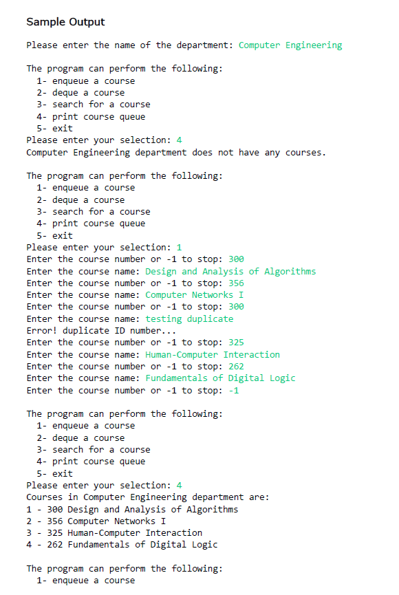 Solved - public Course dequeue() removes the first element | Chegg.com