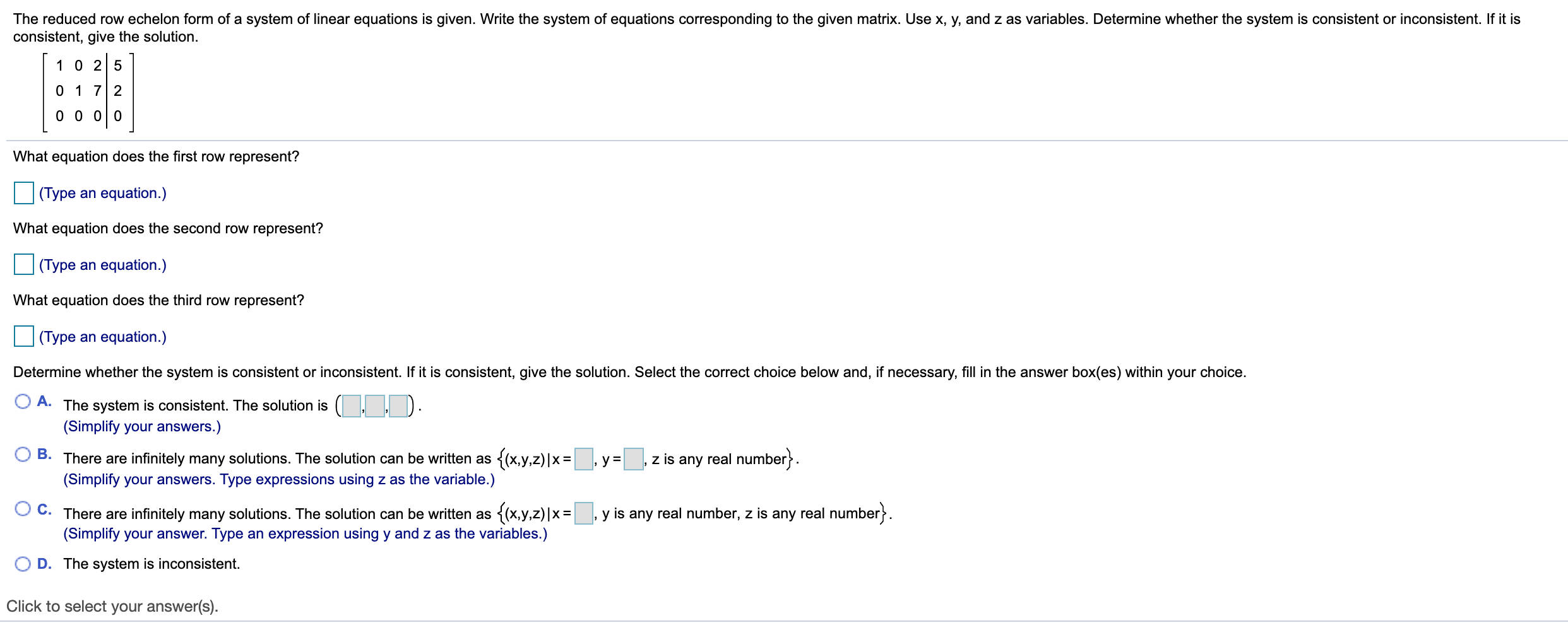 Solved The reduced row echelon form of a system of linear | Chegg.com