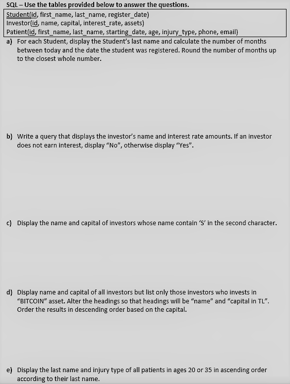 Solved SQL- Use the tables provided below to answer the | Chegg.com
