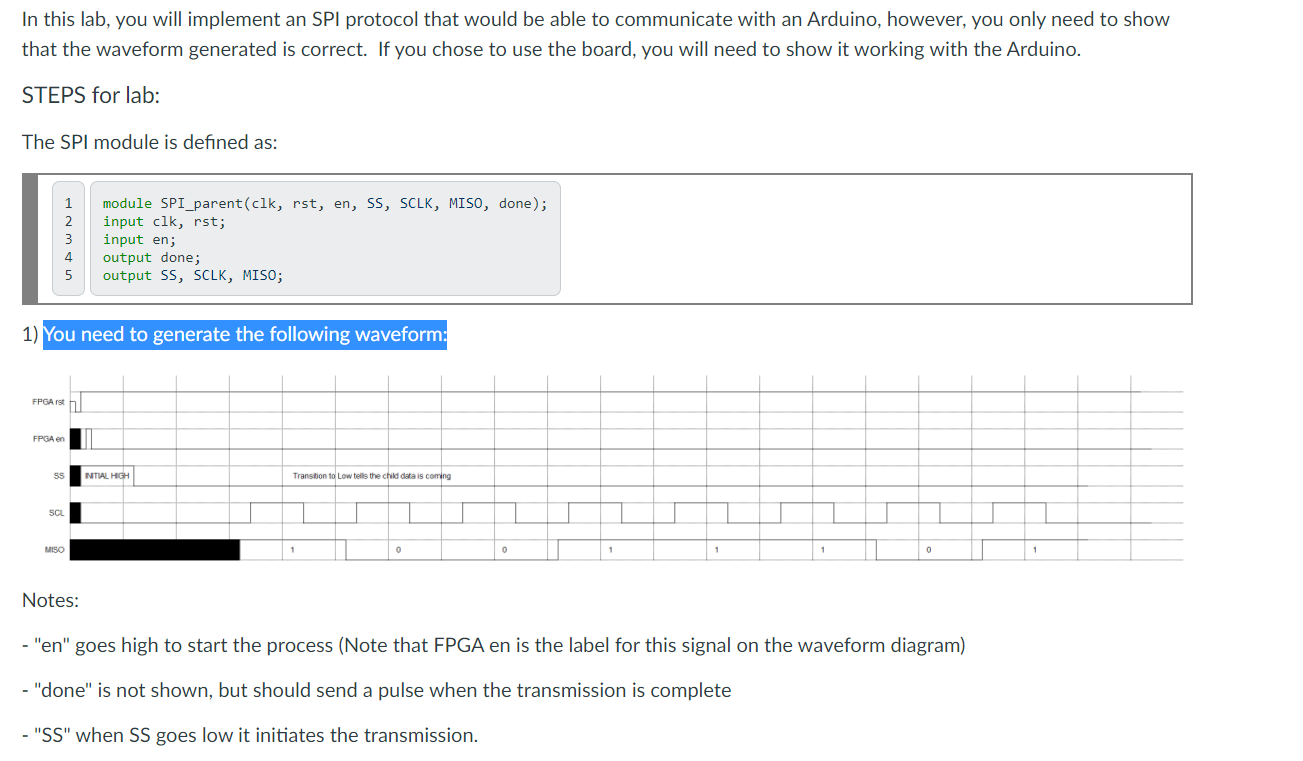 In this lab, you will implement an SPl protocol that | Chegg.com