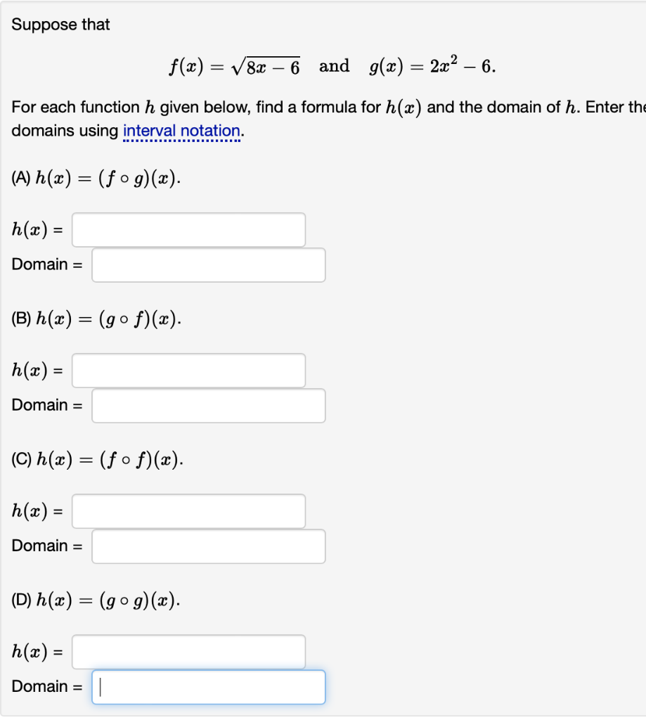 Solved Suppose that f(x)=8x−6 and g(x)=2x2−6 For each | Chegg.com
