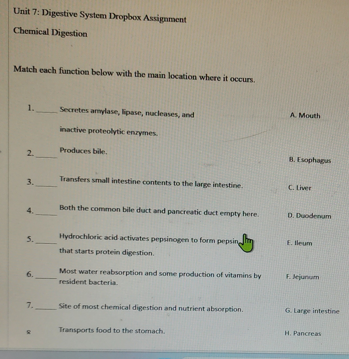 Solved Unit 7: Digestive System Dropbox Assignment Chemical | Chegg.com