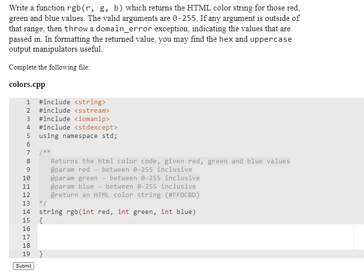 Solved Write a function rgb(r, g, b) which returns the HTML | Chegg.com