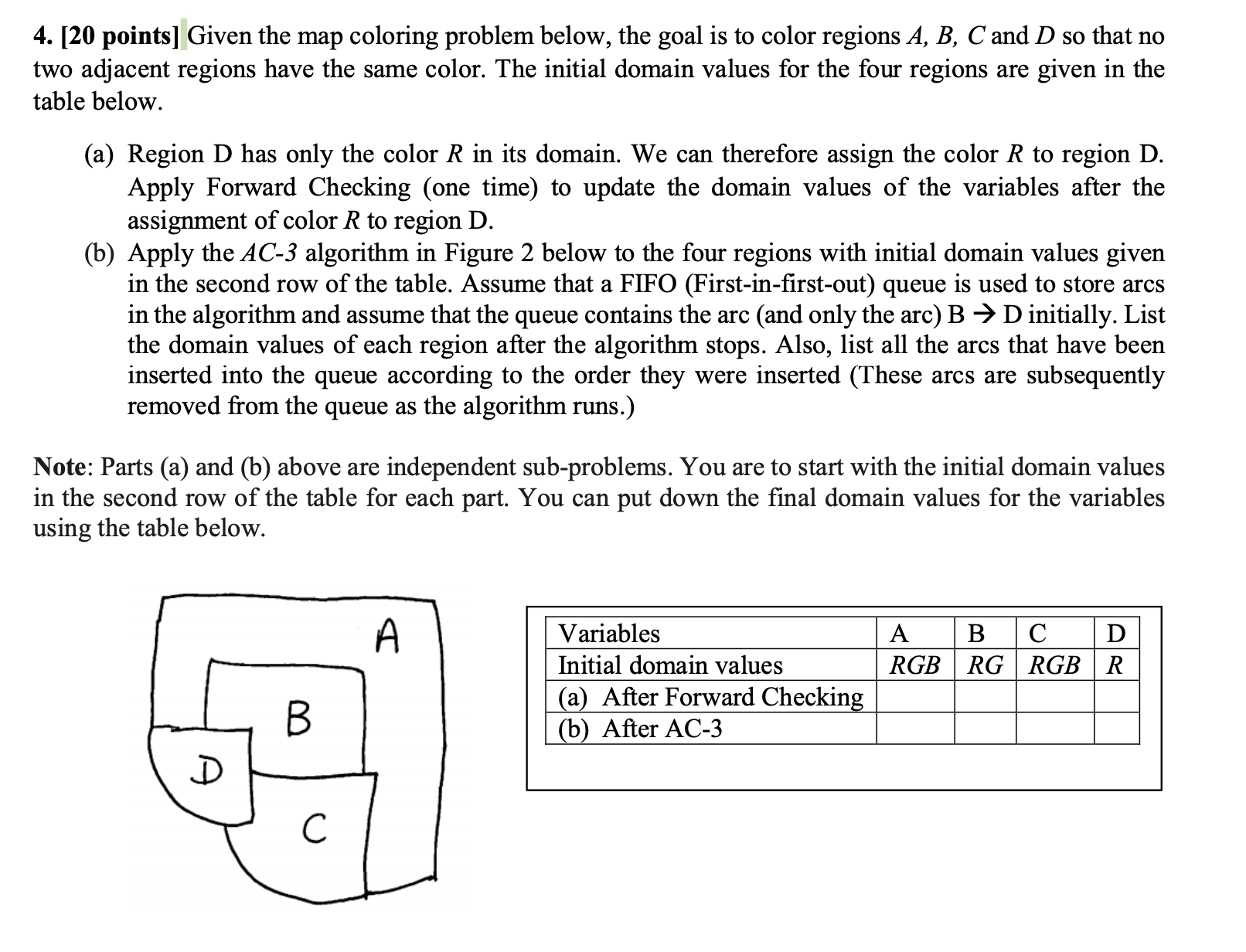 Solved [20 ﻿points] ﻿Given the map coloring problem below, | Chegg.com